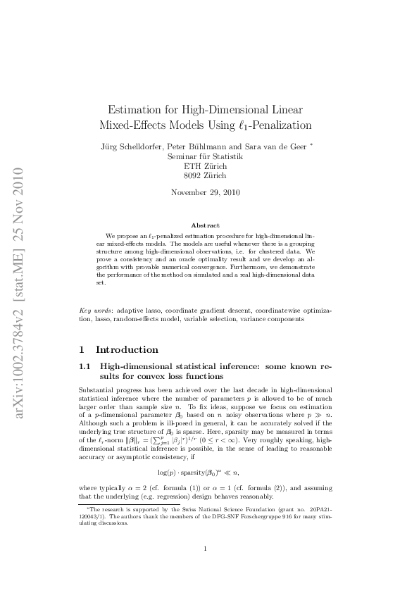 (PDF) Estimation for High‐Dimensional Linear Mixed‐Effects Models Using ℓ1‐Penalization