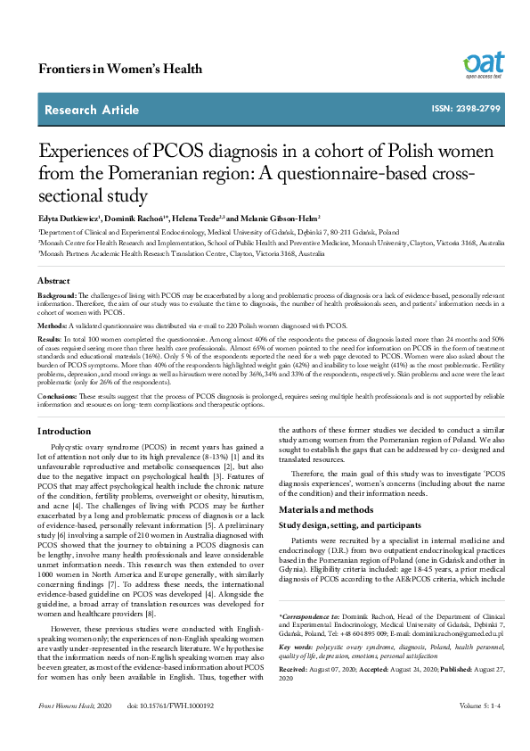 (PDF) Experiences of PCOS diagnosis in a cohort of Polish women from ...
