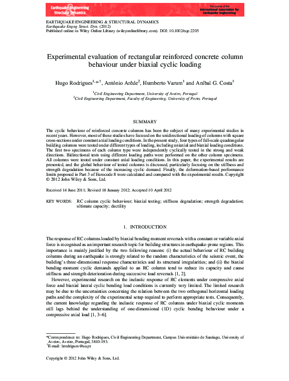(PDF) Experimental evaluation of rectangular reinforced concrete column behaviour under biaxial ...