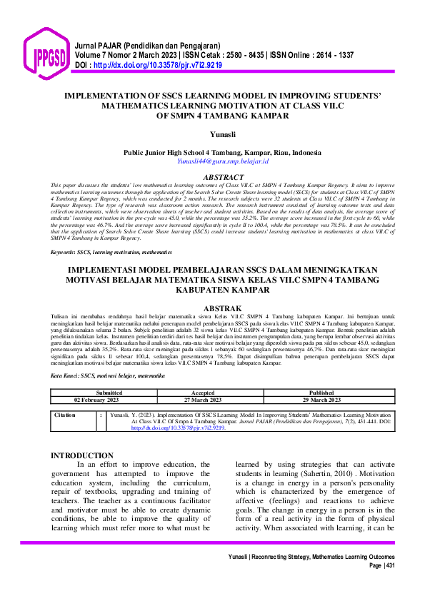 (PDF) Implementation of SSCS Learning Model in Improving Students ...
