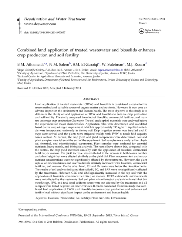 (PDF) Combined land application of treated wastewater and biosolids ...