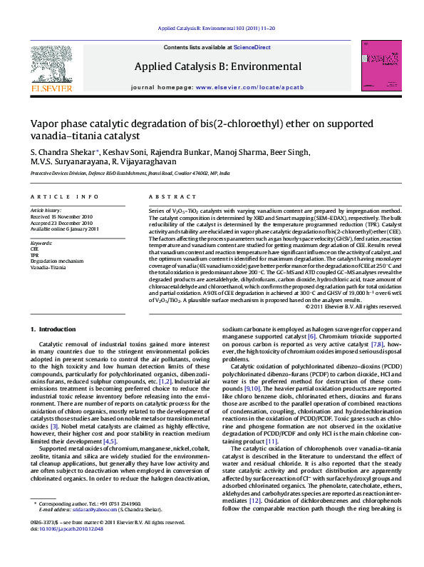 (PDF) Vapor phase catalytic degradation of bis(2-chloroethyl) ether on ...