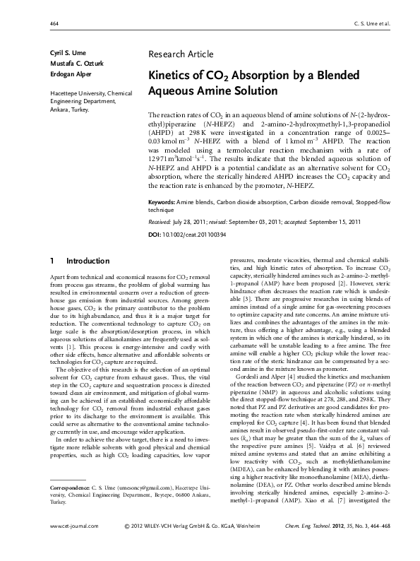 (PDF) Kinetics of CO2 Absorption by a Blended Aqueous Amine Solution