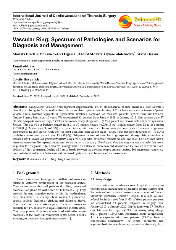 (PDF) Vascular Ring; Spectrum of Pathologies and Scenarios for ...