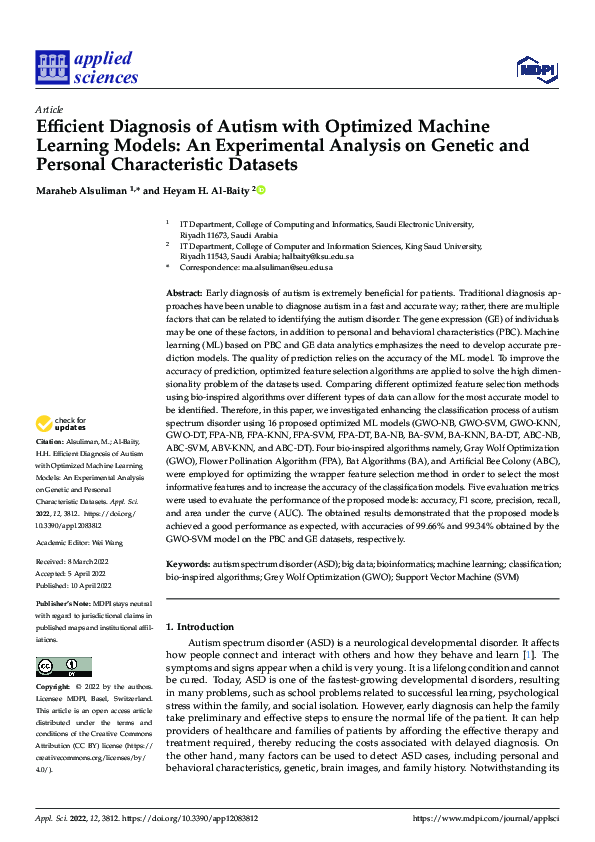 Pdf Efficient Diagnosis Of Autism With Optimized Machine Learning 5495