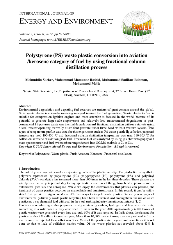 (PDF) Polystyrene (PS) waste plastic conversion into aviation/kerosene category of fuel by using ...