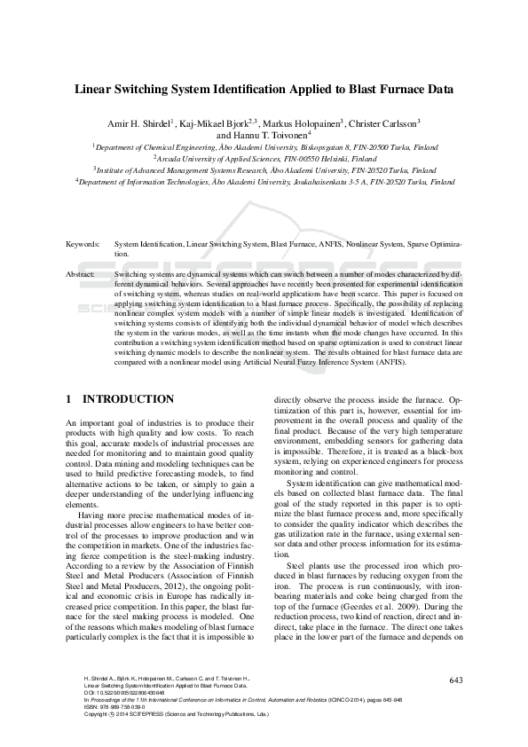 (PDF) Linear Switching System Identification Applied to Blast Furnace Data