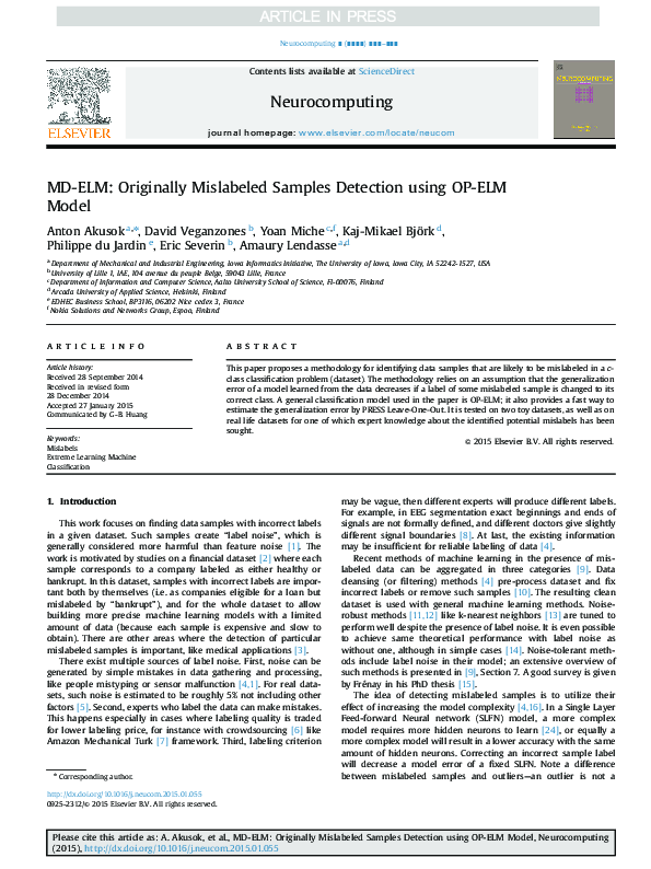 (PDF) MD-ELM: Originally Mislabeled Samples Detection using OP-ELM Model
