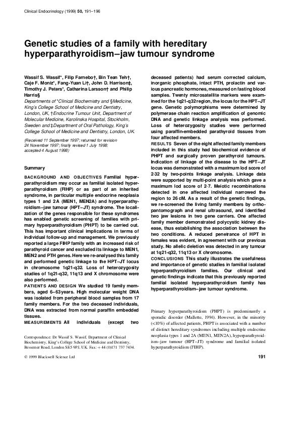 (PDF) Genetic studies of a family with hereditary hyperparathyroidism ...