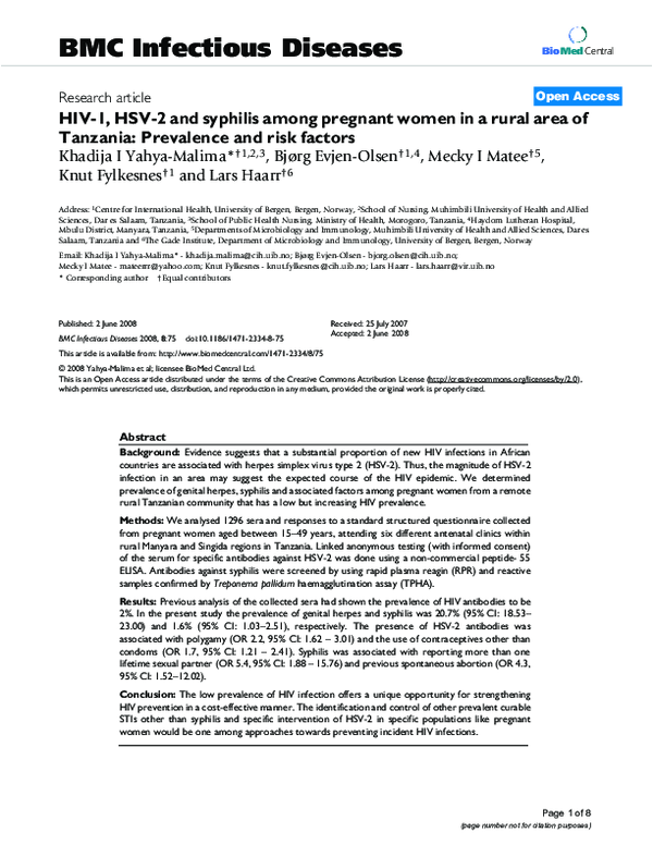 (PDF) HIV-1, HSV-2 and syphilis among pregnant women in a rural area of ...