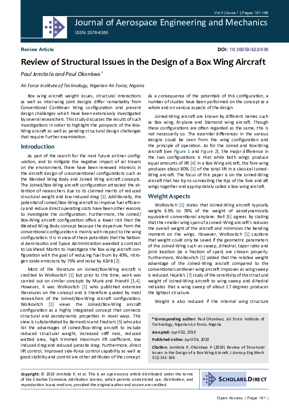 (PDF) Review of Structural Issues in the Design of a Box Wing Aircraft