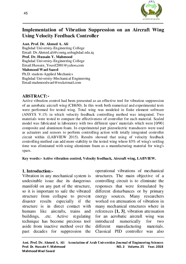 (PDF) Implementation of Vibration Suppression on an Aircraft Wing Using ...