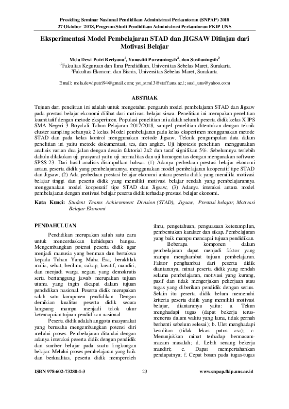 (PDF) Eksperimentasi Model Pembelajaran STAD dan JIGSAW Ditinjau dari Motivasi Belajar