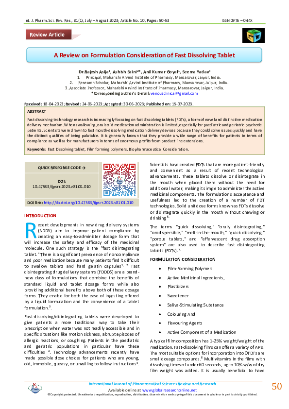 (PDF) A Review on Formulation Consideration of Fast Dissolving Tablet