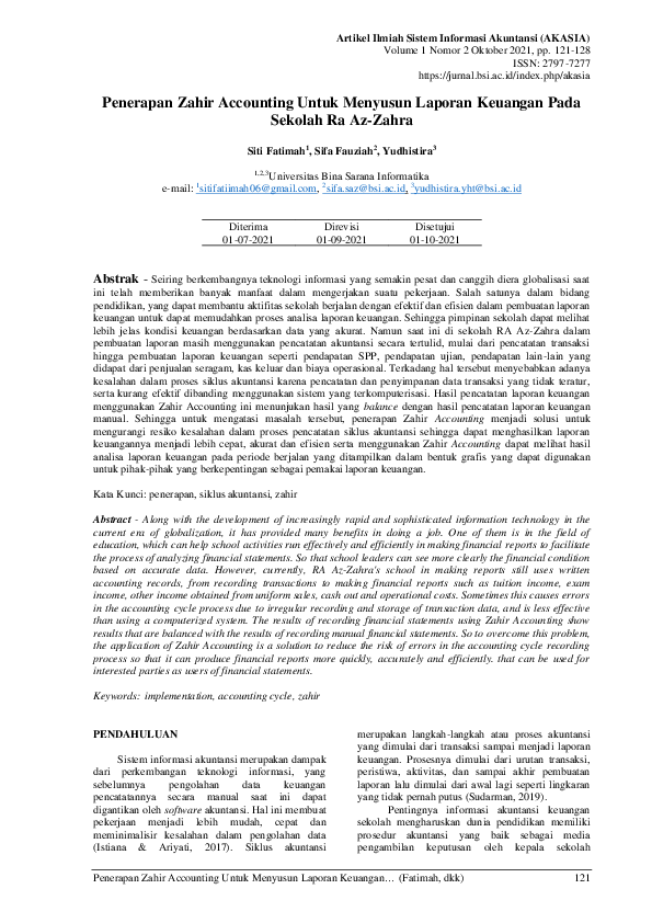 (PDF) Penerapan Zahir Accounting Untuk Menyusun Laporan Keuangan Pada Sekolah Ra Az-Zahra