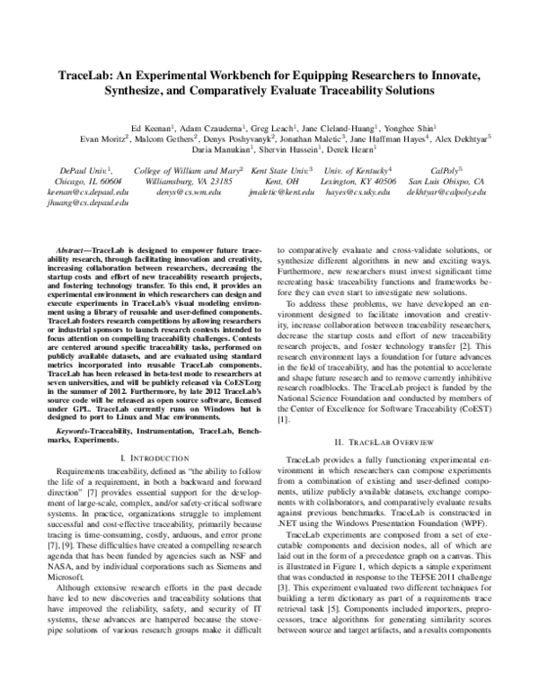 (PDF) TraceLab: An experimental workbench for equipping researchers to innovate, synthesize, and ...