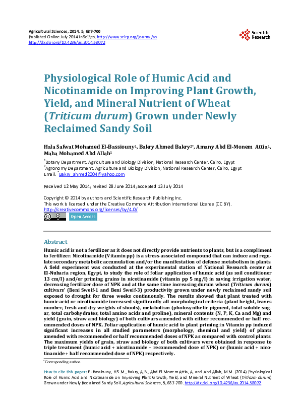 (PDF) Physiological Role of Humic Acid and Nicotinamide on Improving ...