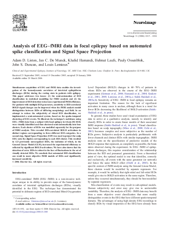 (PDF) Analysis of EEG–fMRI data in focal epilepsy based on automated ...