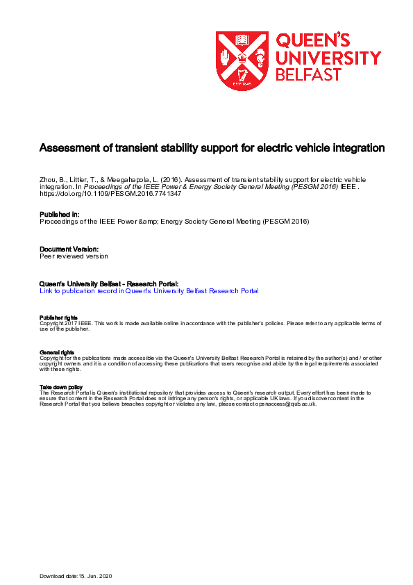 (PDF) Assessment of transient stability support for electric vehicle integration