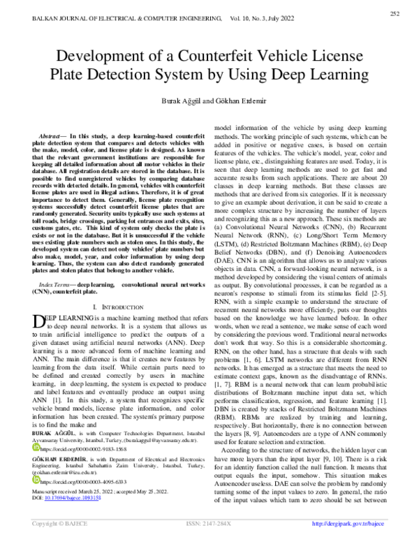 (PDF) Development of a Counterfeit Vehicle License Plate Detection System by Using Deep Learning