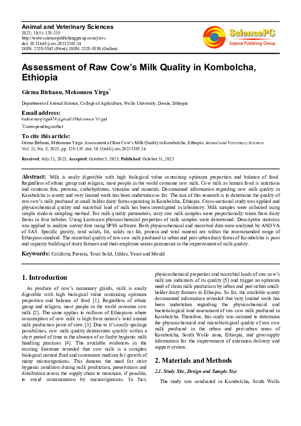 (PDF) Assessment of Raw Cow's Milk Quality in Kombolcha, Ethiopia