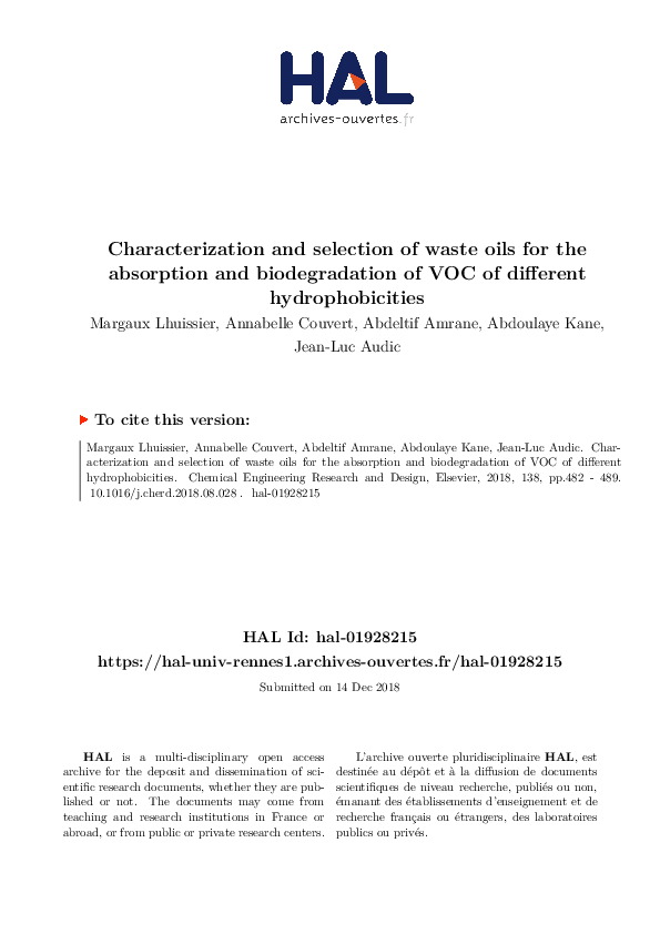 (PDF) Characterization and selection of waste oils for the absorption ...