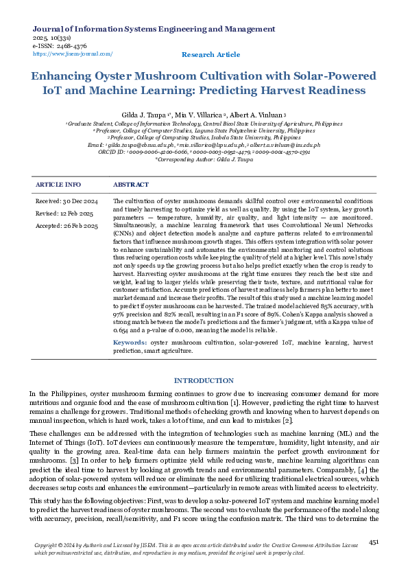 Pdf Enhancing Oyster Mushroom Cultivation With Solar Powered Iot And Machine Learning