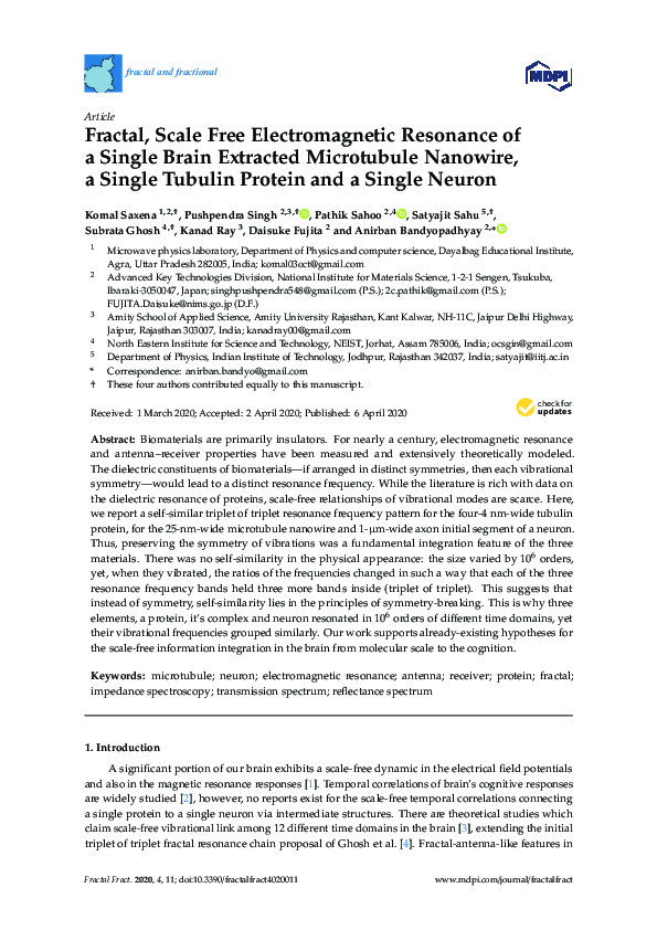 (PDF) Fractal, Scale Free Electromagnetic Resonance of a Single Brain Extracted Microtubule ...