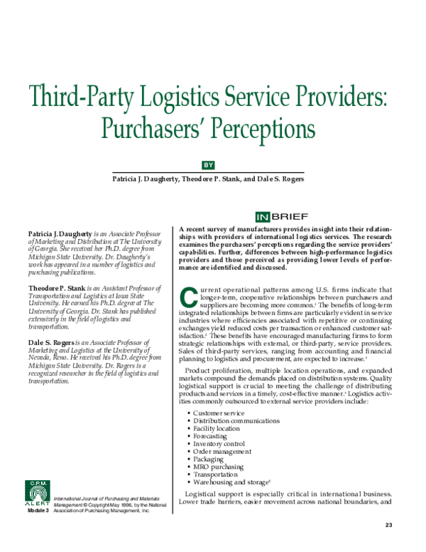 (PDF) Third‐Party Logistics Service Providers: Purchasers’ Perceptions