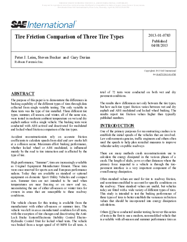 (PDF) Tire Friction Comparison of Three Tire Types