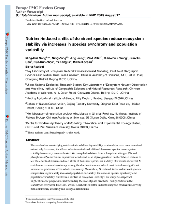 (PDF) Nutrient-induced shifts of dominant species reduce ecosystem ...