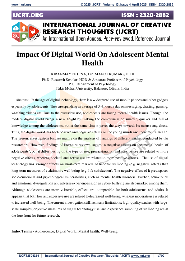 (PDF) Impact Of Digital World On Adolescent Mental Health