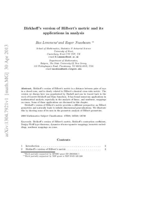 (PDF) Birkhoff’s version of Hilbert’s metric and its applications in ...