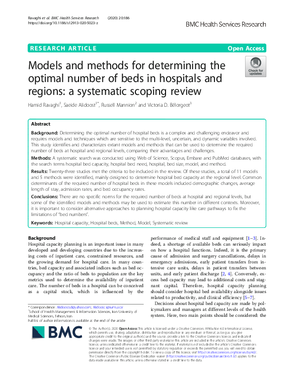 (PDF) Models and methods for determining the optimal number of beds in hospitals and regions: a ...