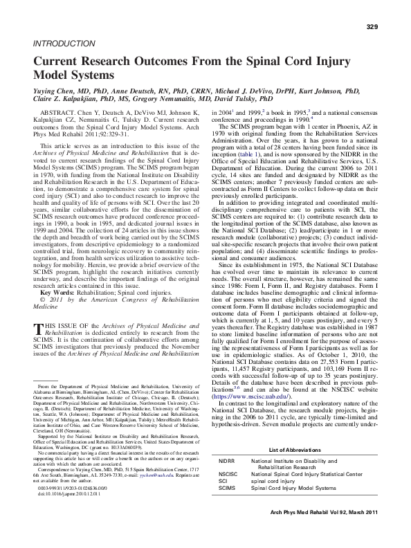 (PDF) Current Research Outcomes From the Spinal Cord Injury Model Systems