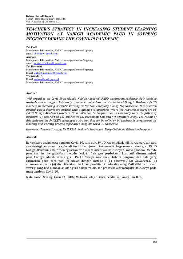 (PDF) Teacher's Strategy in Increasing Student Learning Motivation at ...