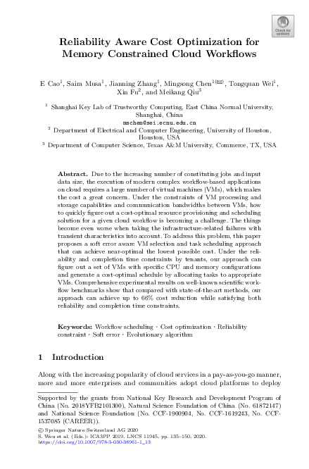 (PDF) Reliability Aware Cost Optimization for Memory Constrained Cloud Workflows