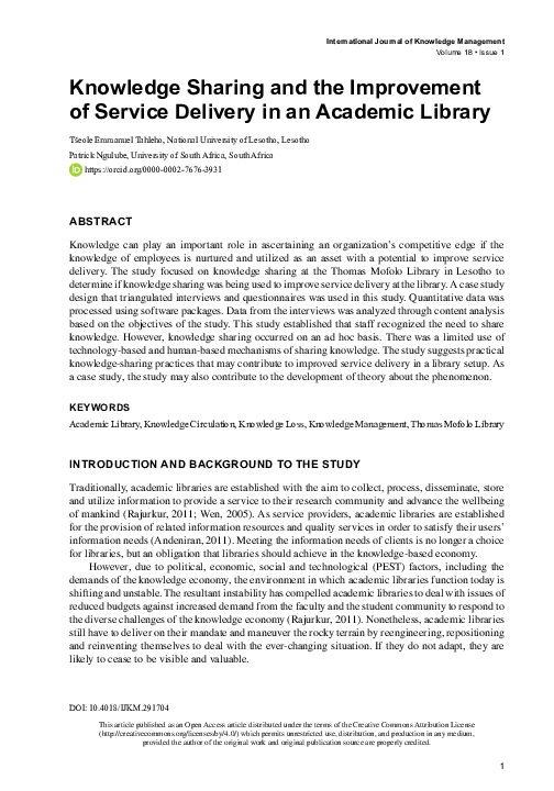 (PDF) Knowledge Sharing and the Improvement of Service Delivery in an ...