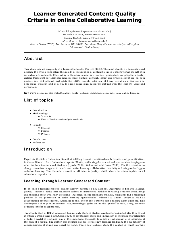 (PDF) Learner Generated Content: Quality Criteria in online Collaborative Learning