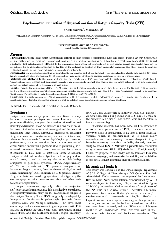 (PDF) Psychometric properties of Gujarati version of Fatigue Severity ...