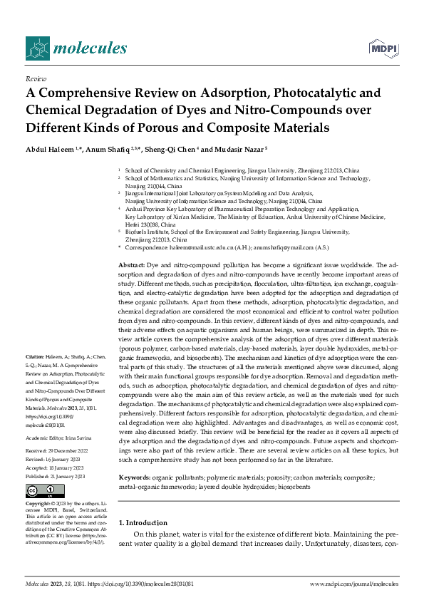(PDF) A Comprehensive Review on Adsorption, Photocatalytic and Chemical Degradation of Dyes and ...