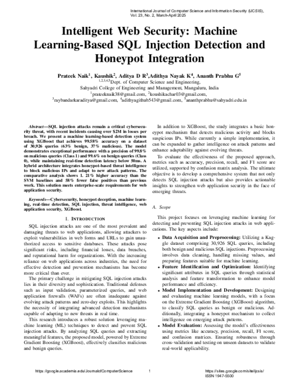 Pdf Intelligent Web Security Machine Learning Based Sql Injection