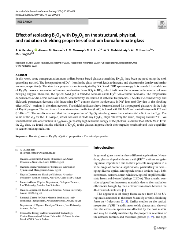 (PDF) Effect of replacing B2O3 with Dy2O3 on the structural, physical ...