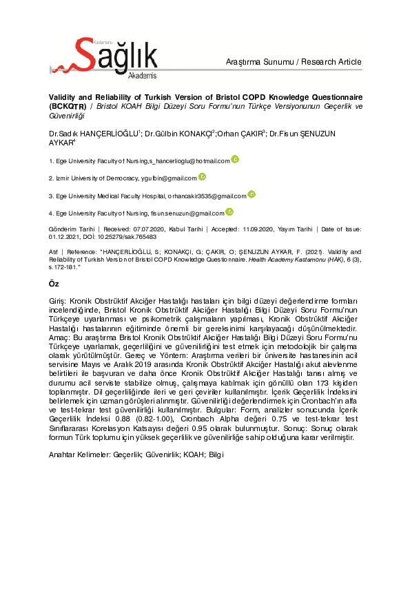 (PDF) Validity and Reliability of Turkish Version of Bristol COPD ...