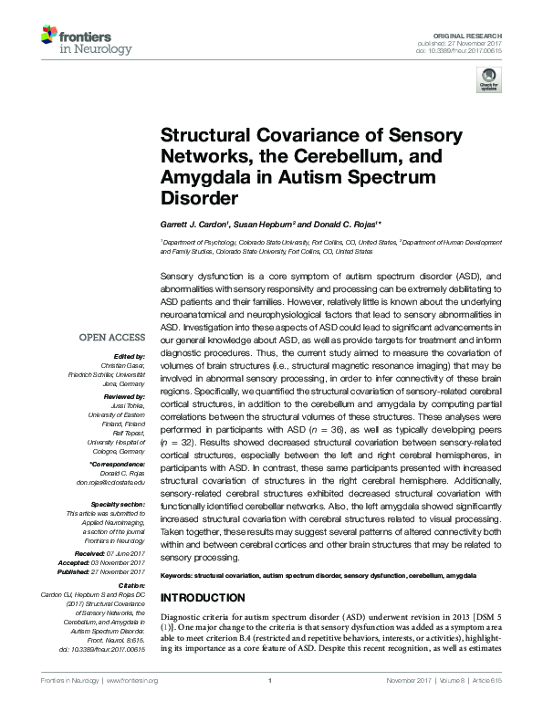 (PDF) Structural Covariance of Sensory Networks, the Cerebellum, and ...