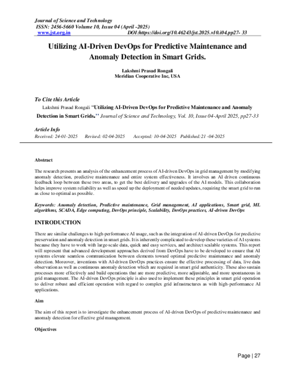 (PDF) Utilizing AI-Driven DevOps for Predictive Maintenance and Anomaly Detection in Smart Grids