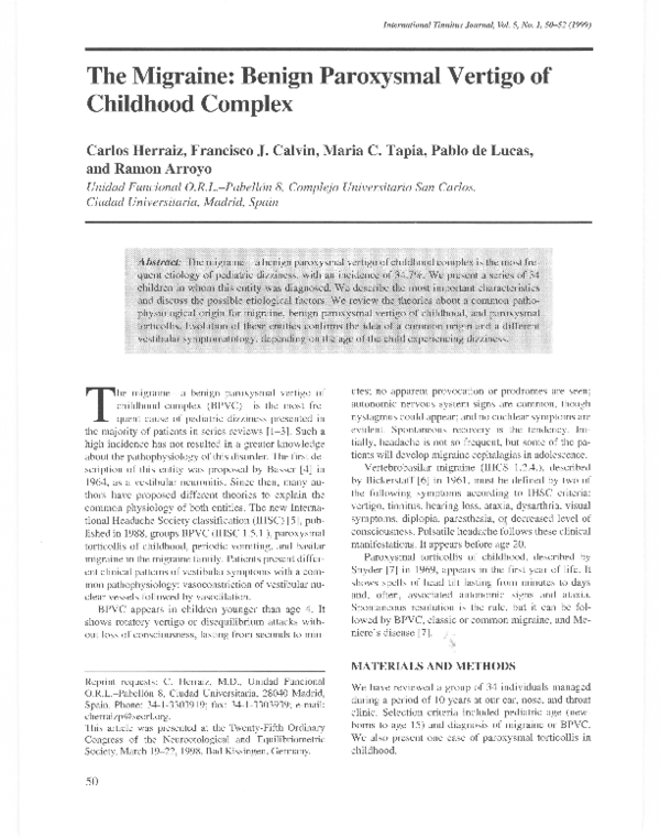 (PDF) The migraine: benign paroxysmal vertigo of childhood complex