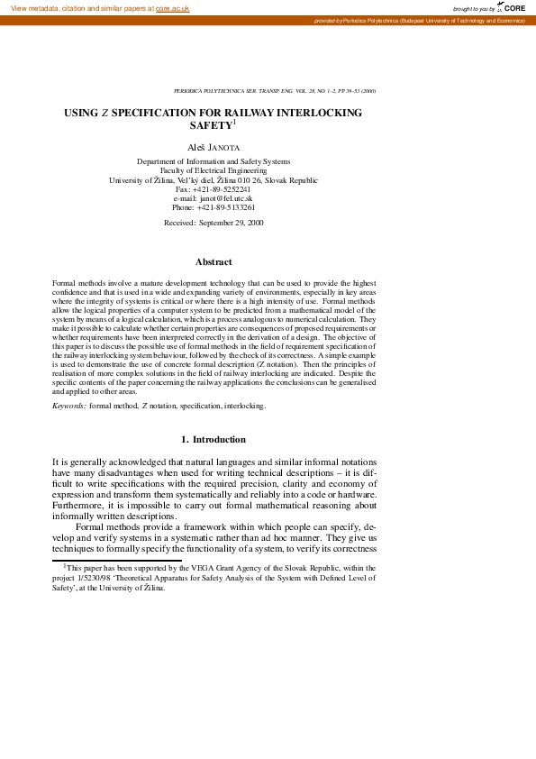 (PDF) Using z specification for railway interlocking safety