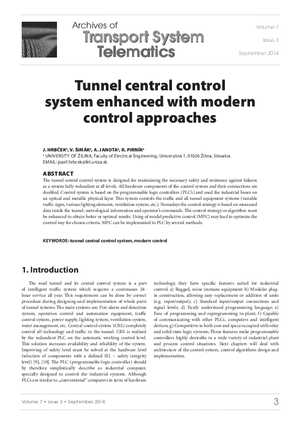 (PDF) Tunnel central control system enhanced with modern control approaches