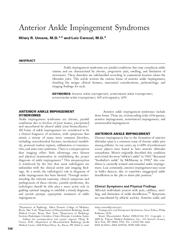 (PDF) Anterior Ankle Impingement Syndromes